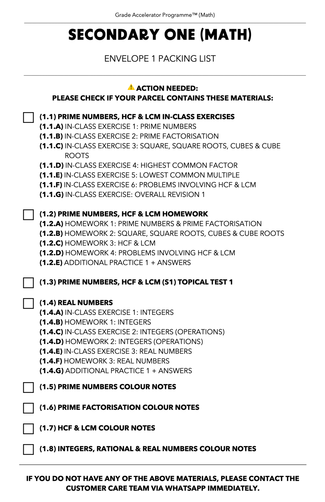 [2024] [S1 Mathematics GAP] Materials Packing List - The Pi Lab