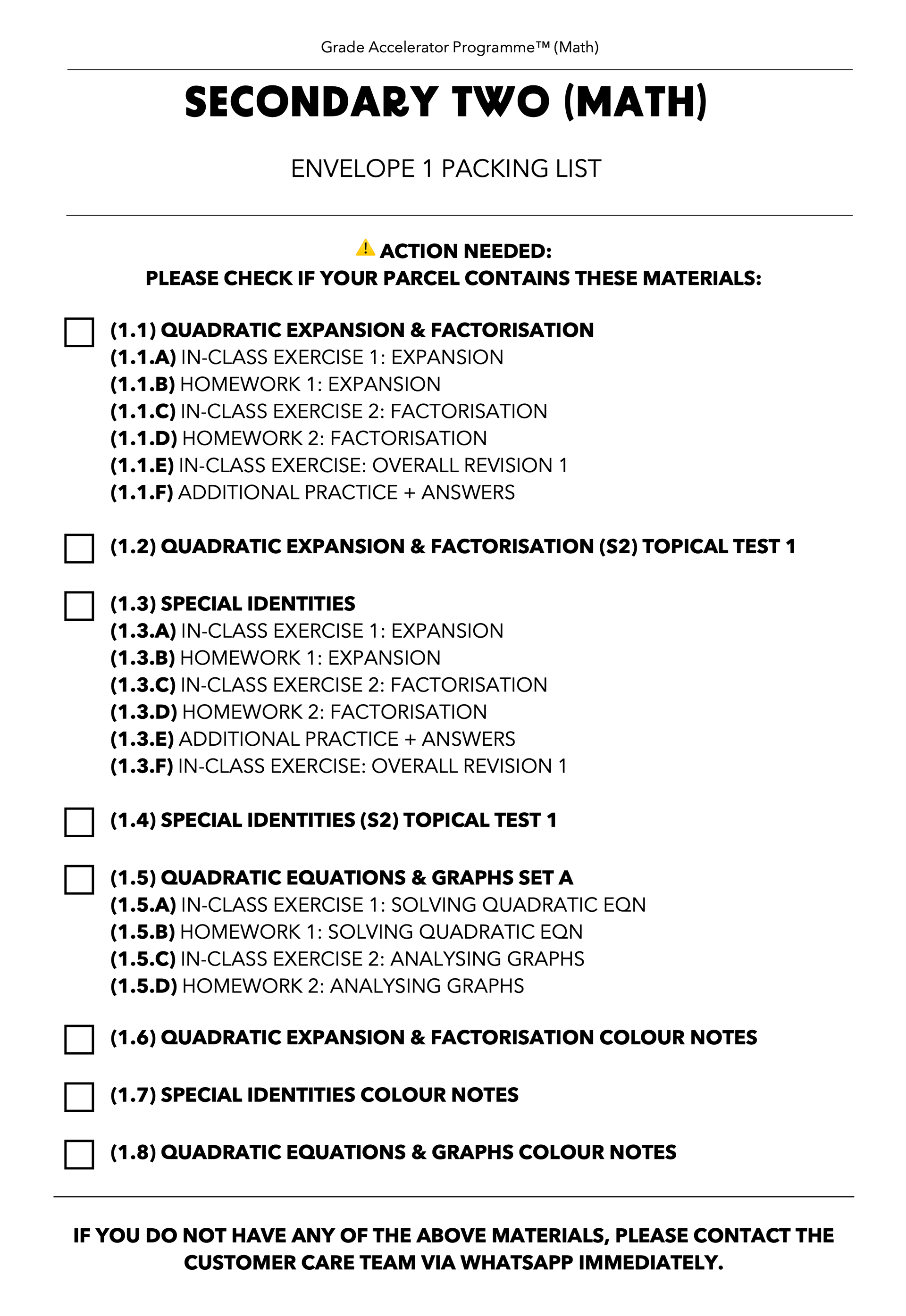 [2024] [S2 Mathematics GAP] Materials Packing List - The Pi Lab