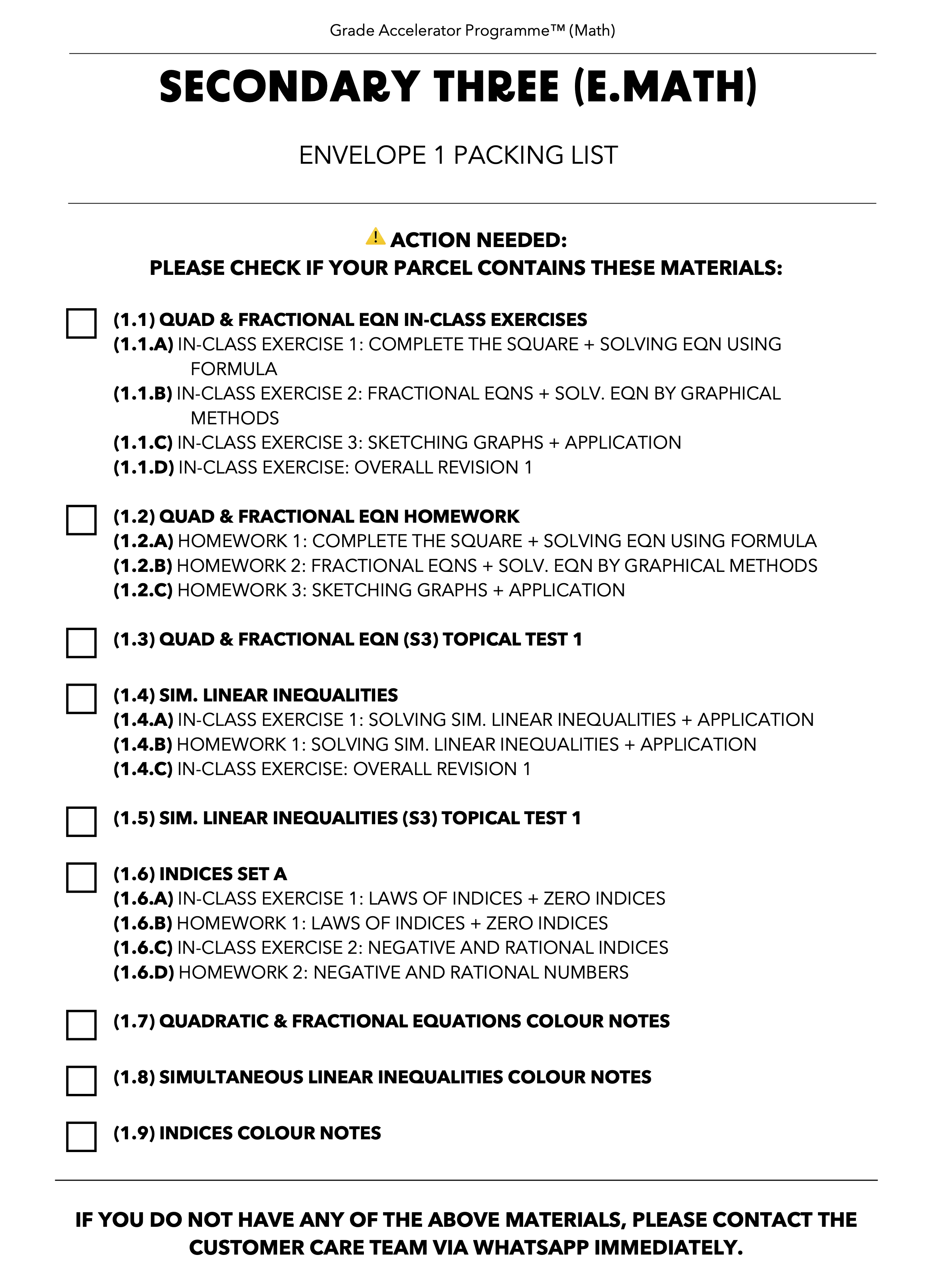 [2024] [S3 Elementary Mathematics GAP] Materials Packing List - The Pi Lab